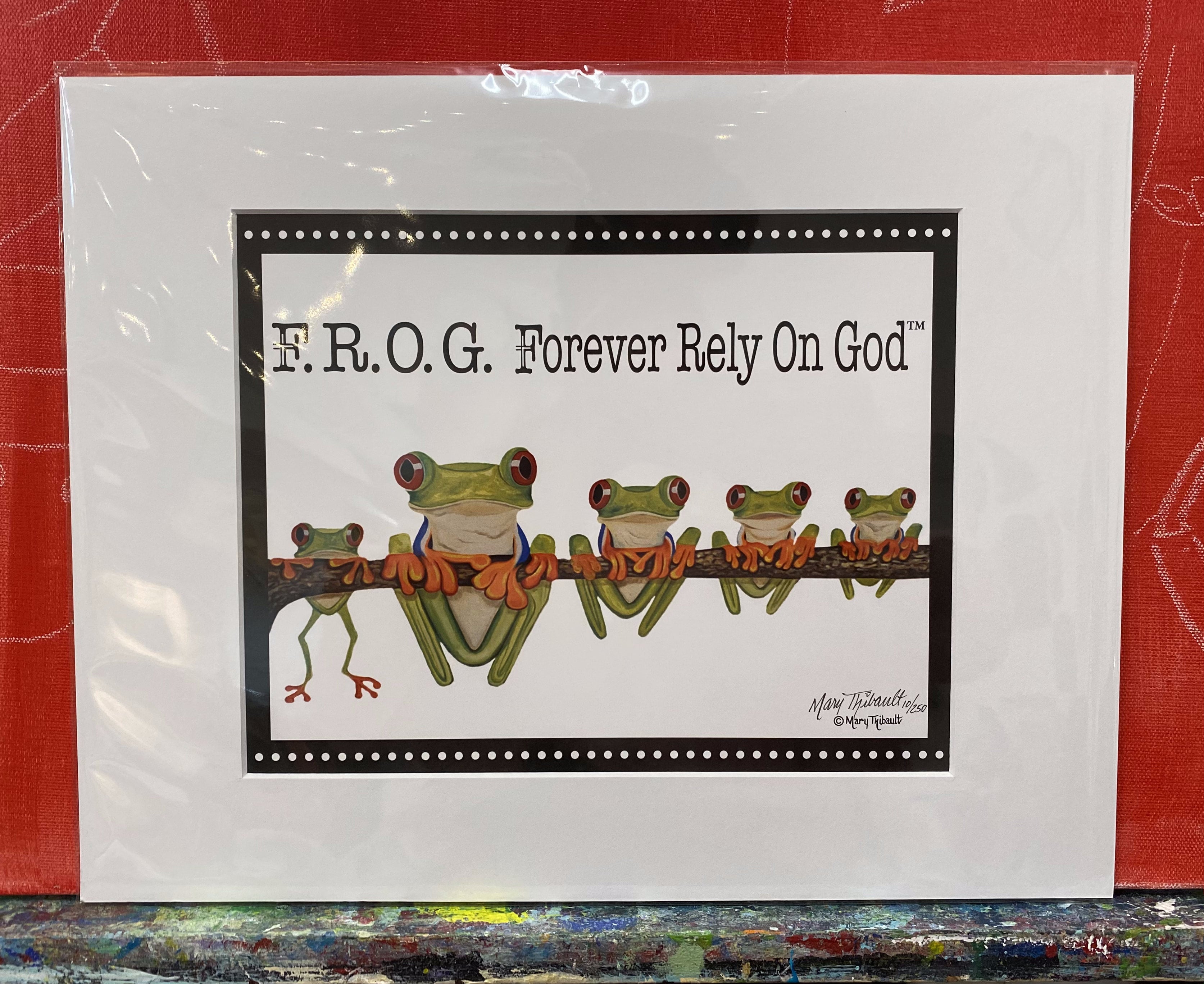 F.R.O.G. Forever Rely On God Frogs on a limb matted print | F.R.O.G.